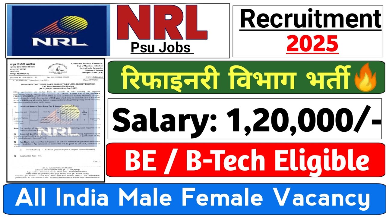 NRL New Recruitment 2025 | NRL Vacancy 2025 | Eligibility | Salary ...