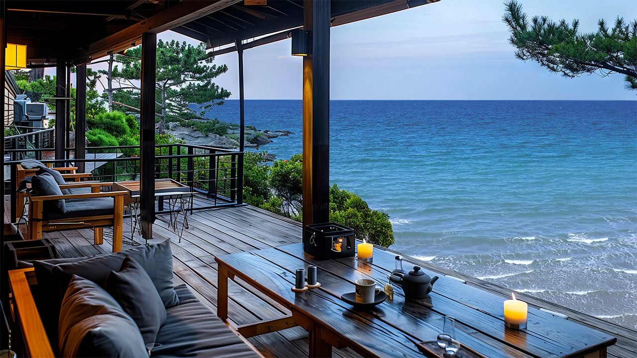 Soft Seaside Jazz Music in Comfortable Terrace Setting 4K with Soothing Ocean Waves to Focus ...