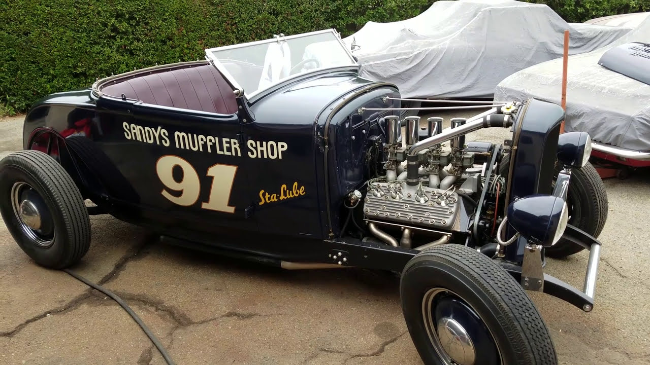Pre War 1932 Ford AV8 Hot Rod Race Car walk around running 4 Stromberg ...