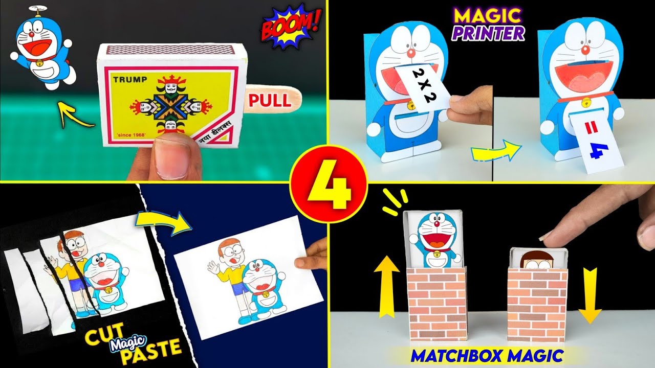 4 Amazing Doraemon homemade toys , how to make a magic printer , matchbox magic trick , pop up ...