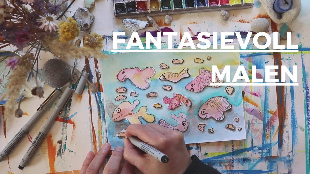 Male lustige Fantasietiere mit Fineliner und Aquarellfarben ...