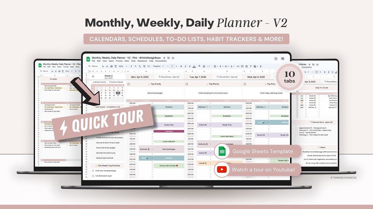 WEEKLY PLANNER Google Sheets Template - Monthly Calendar, Daily ...