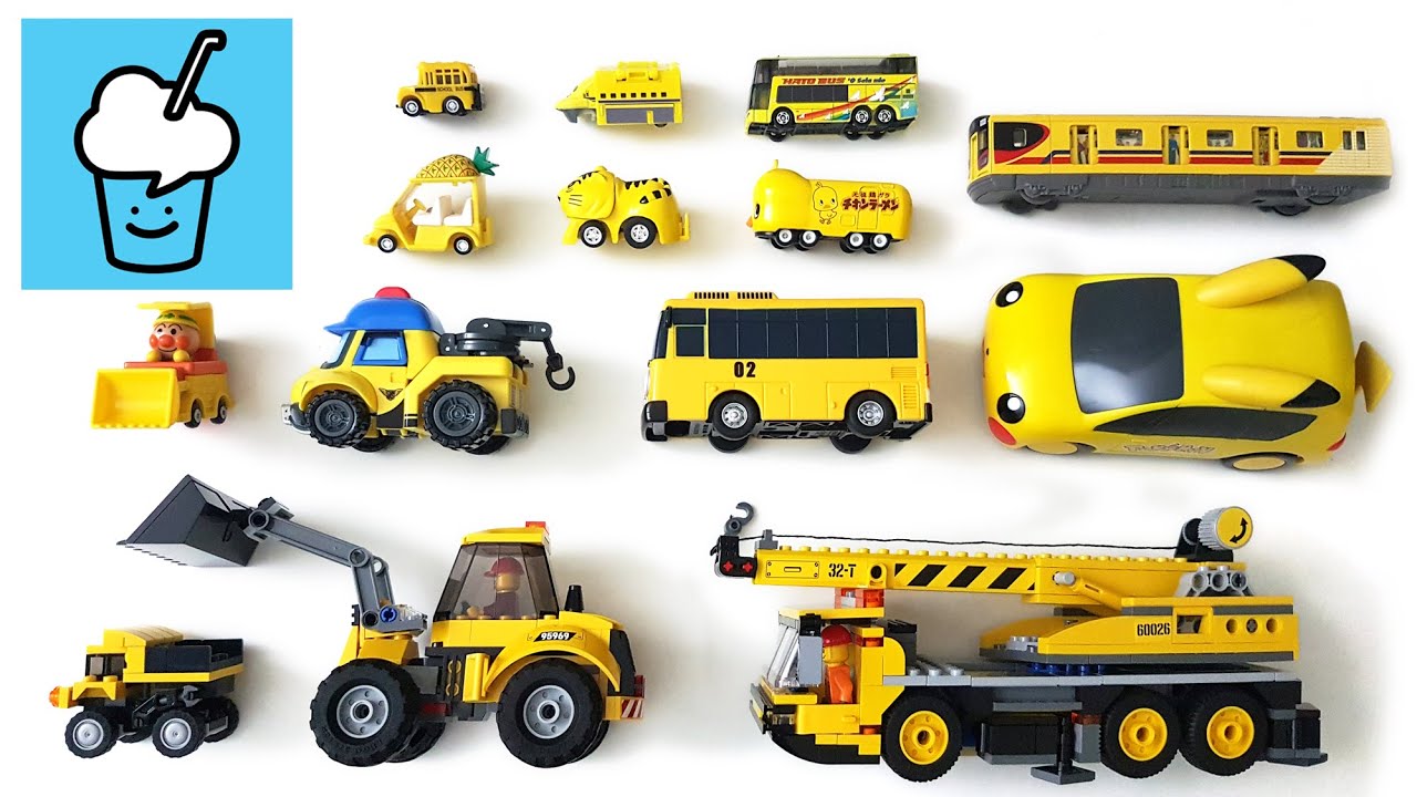 Yellow vehicles review with lego tomica pineapple car double decker bus ...