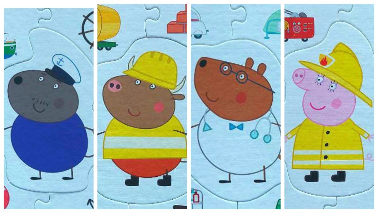 Peppa Pig, Mr. Bull, Dr. Brown Bear and Grandad Dog - solving jigsaw ...