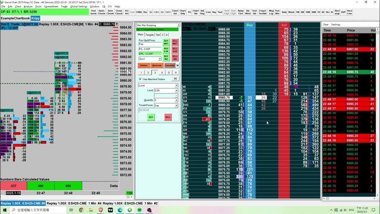 2025/01/15 Sierra chart Replay ES Dom Demo trading 訂單流 - YouTube