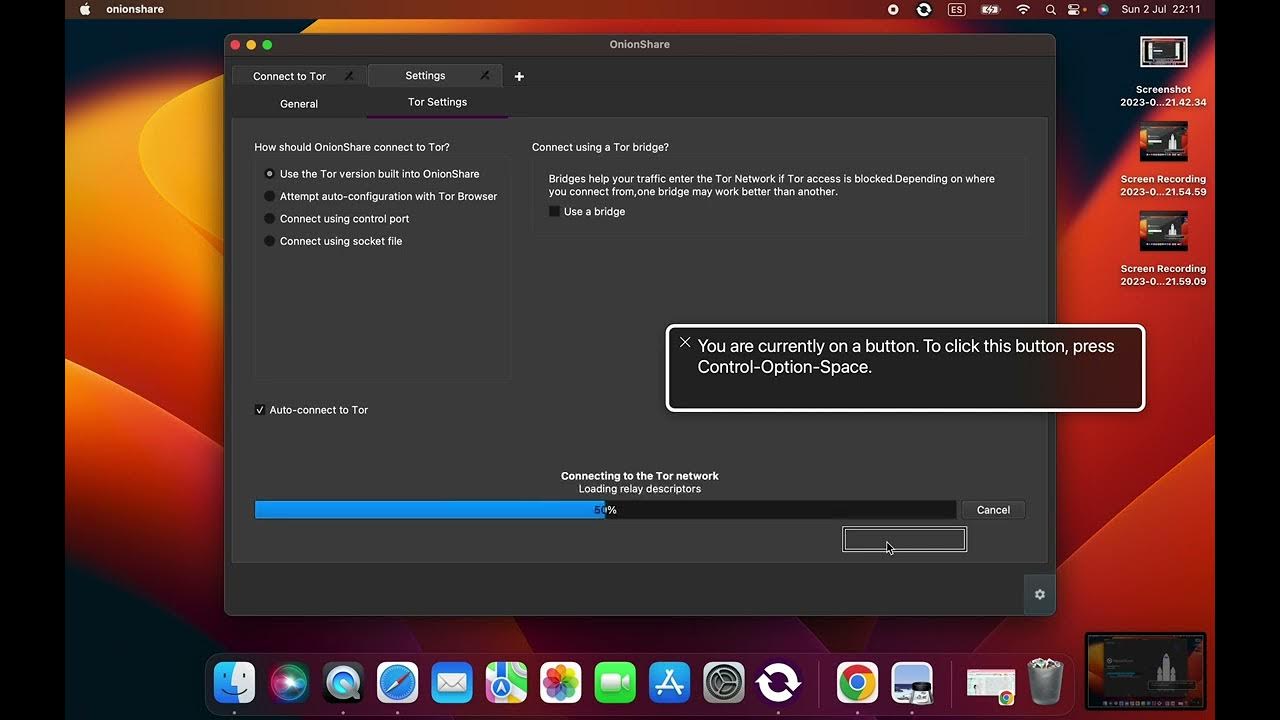 OnionShare with VoiceOver on MacOS - status bar on Settings - YouTube