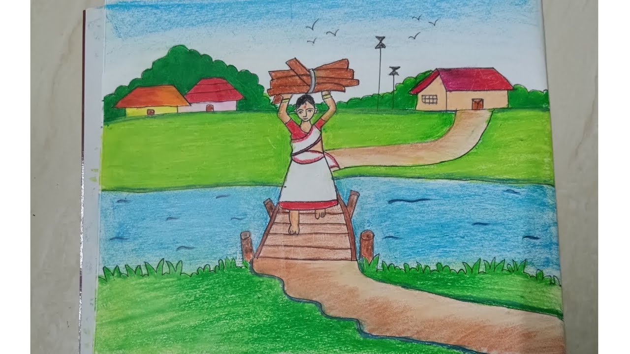 Simple Village Scenery Drowing ll Easy Scenery Drowing... - YouTube