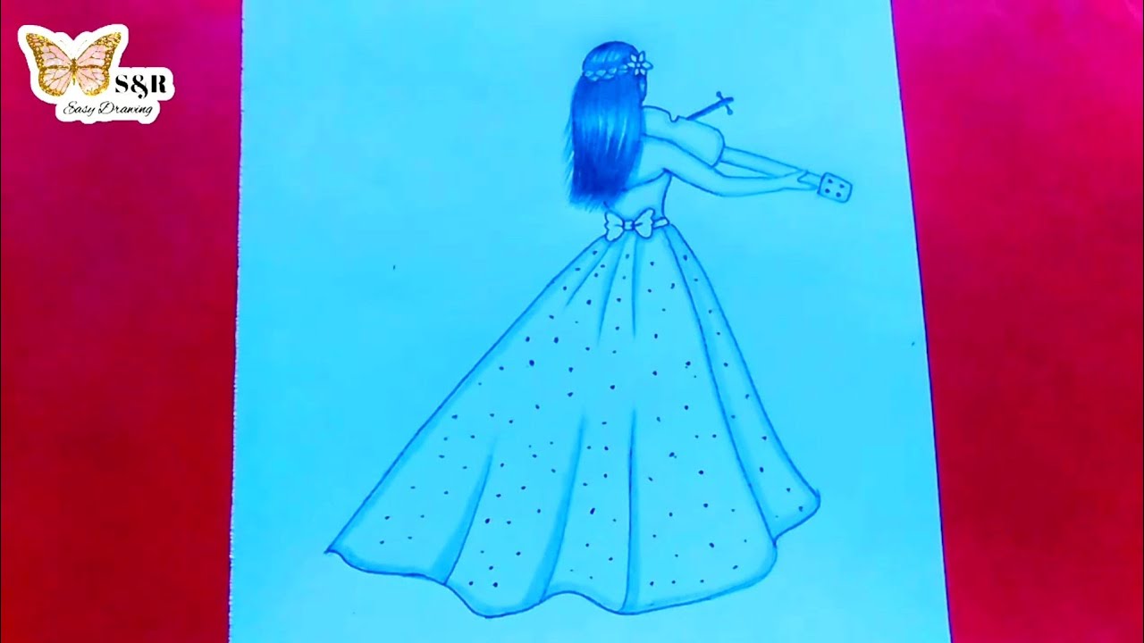 How to draw beautiful girl with violin 🎻 || Easy girl drawing backside ...