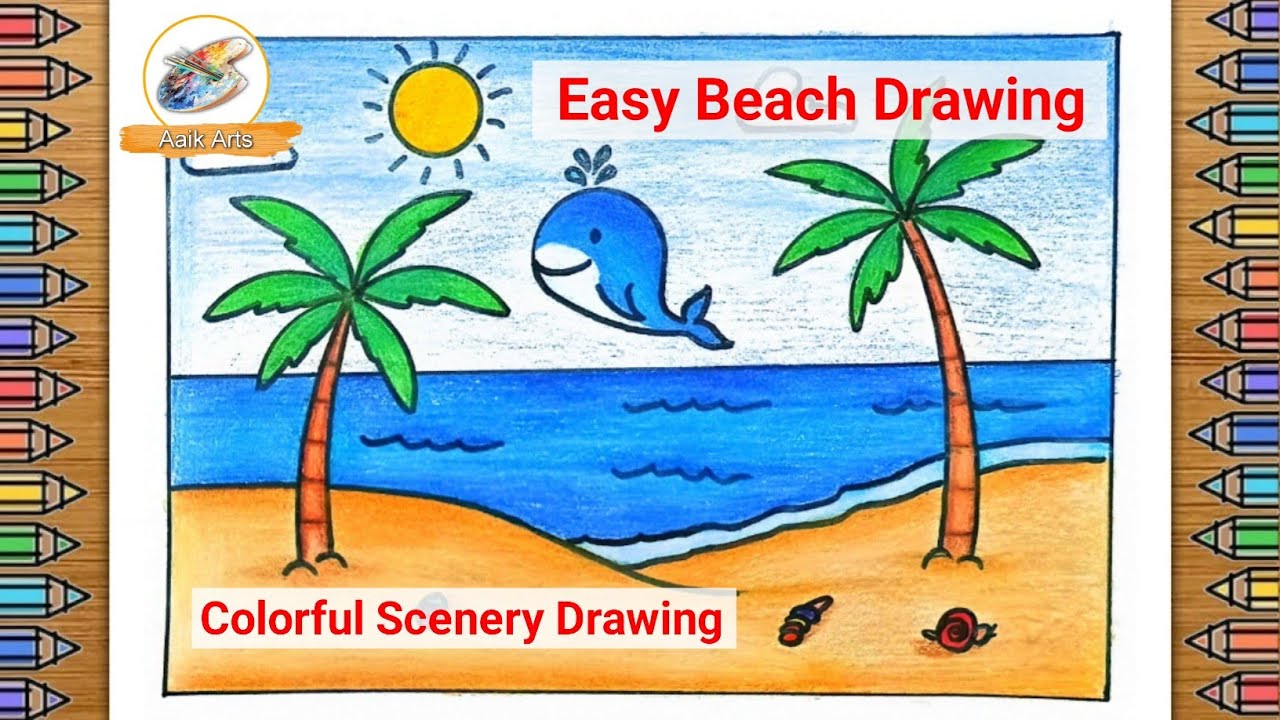 beach brawing || dolphin drawing || vacation drawing easy || how to ...