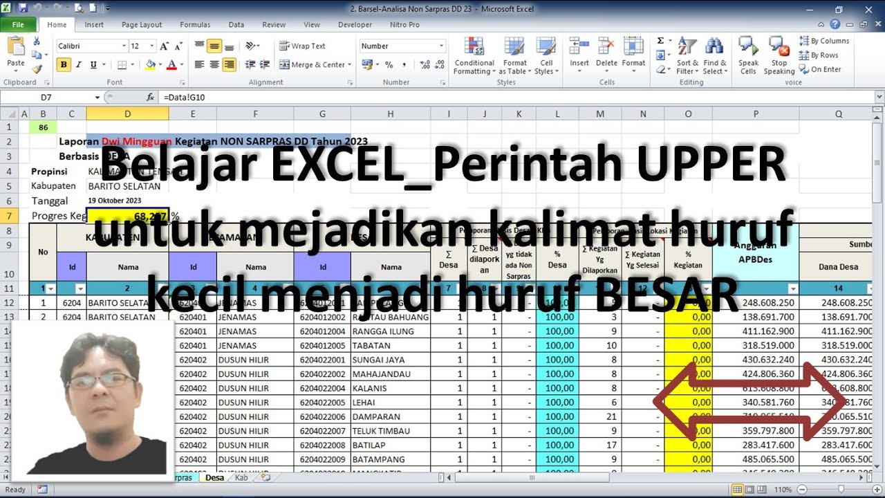 Belajar EXCEL_Perintah UPPER untuk mejadikan kalimat huruf kecil ...