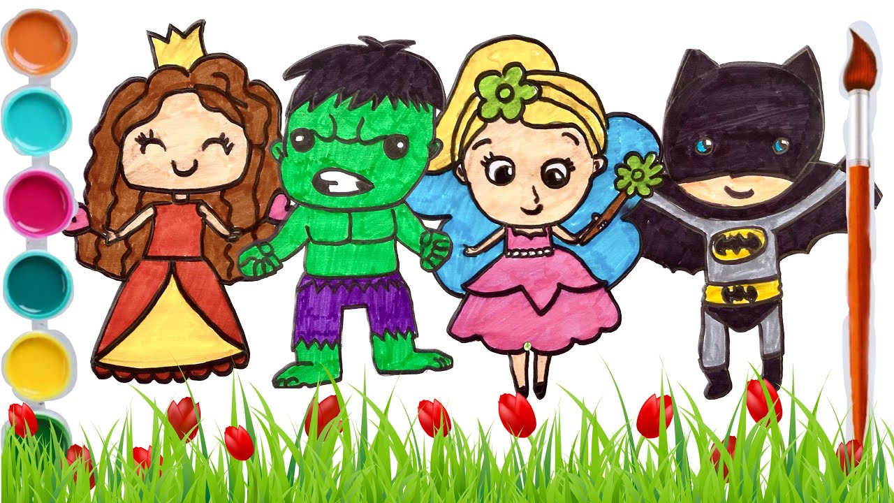 Disney Princess, Batman and Hulk Coloring, Drawing, Painting, for kids ...