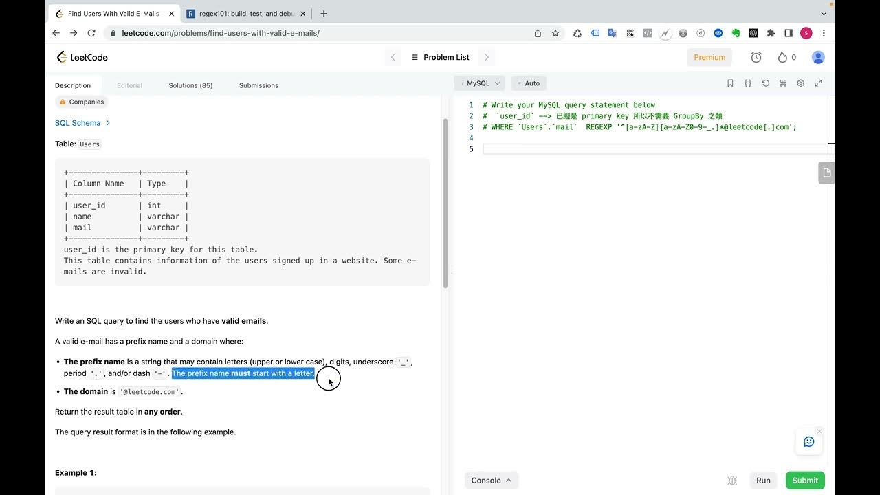 LeetCode SQL 1517. Find Users With Valid E-Mails (MySQL) 個人解法 - YouTube