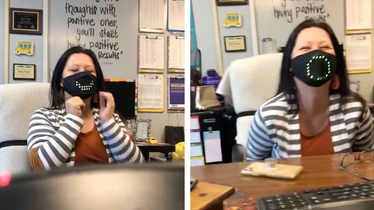 Woman Laughs While Wearing Voice-Activated LED Face Mask - YouTube