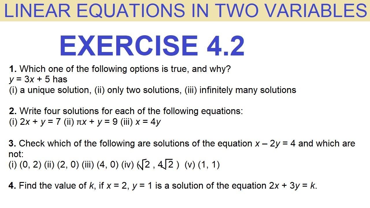 Linear Equations In Two Variables | Exercise 4.2 | Solution | Chapter 4 ...