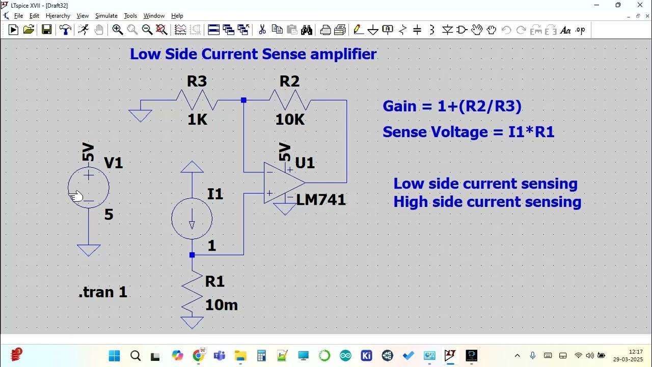 Low side current sensing circuit simulation in LTspice | LM741 based current sensing circuit ...