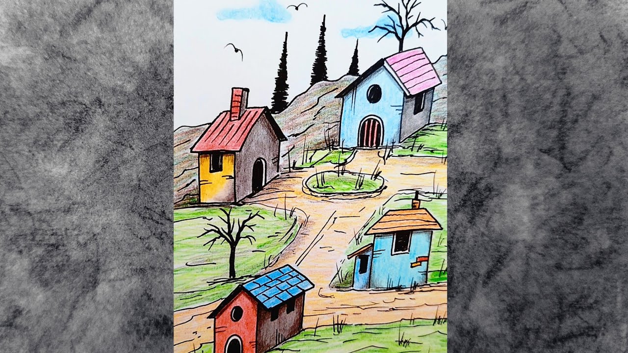 Colored Pencils and Ink/ Pencil Drawing Village / Landscape Scenery ...