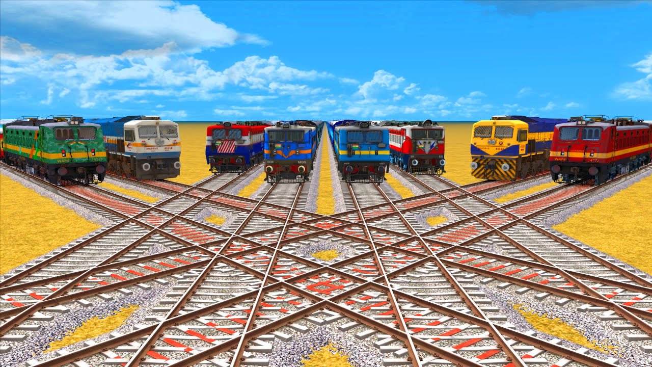 8 DIFFERENT TRAINS CROSSING ON 8 LINE BRANCHED DOUBLE CRISS-CROSS X ...
