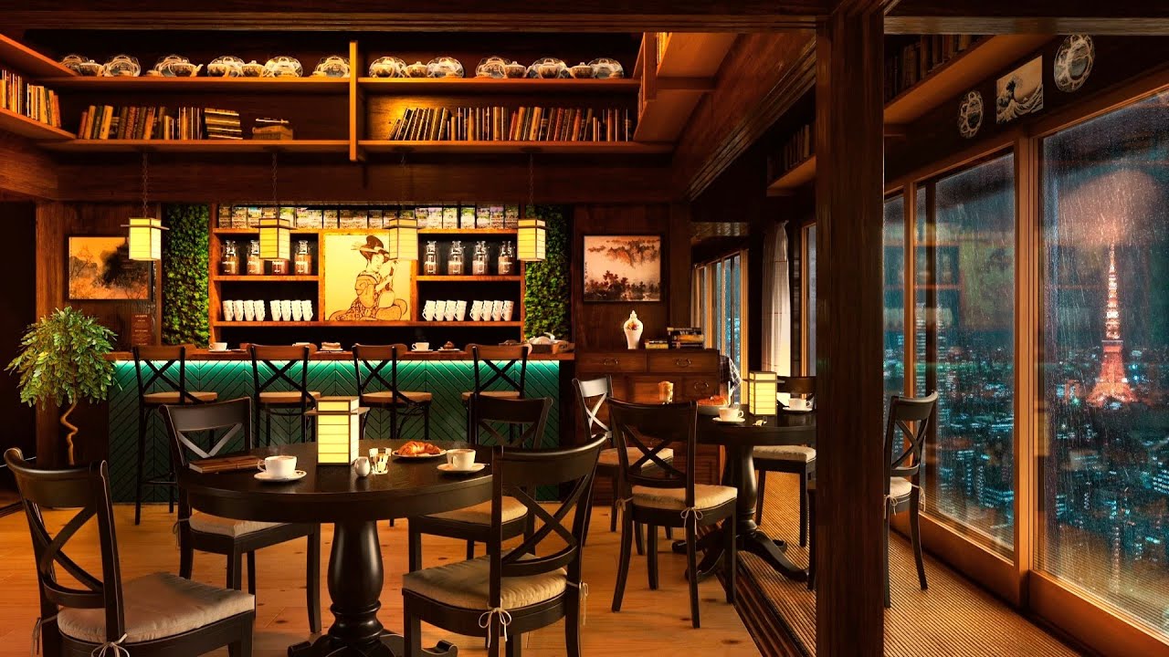 Tokyo Skyscraper Cafe - Rainy Night Coffee Shop Ambience with Beautiful ...