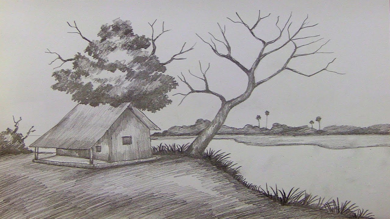 How to draw easy landscape or Village scenery Drawing Easy Step by step ...