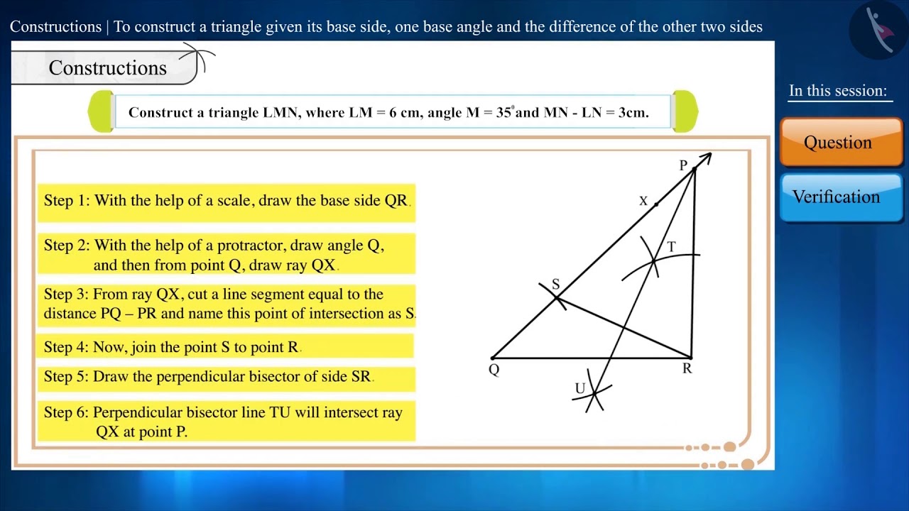 Construct a triangle given its base,base angle& difference of other two ...