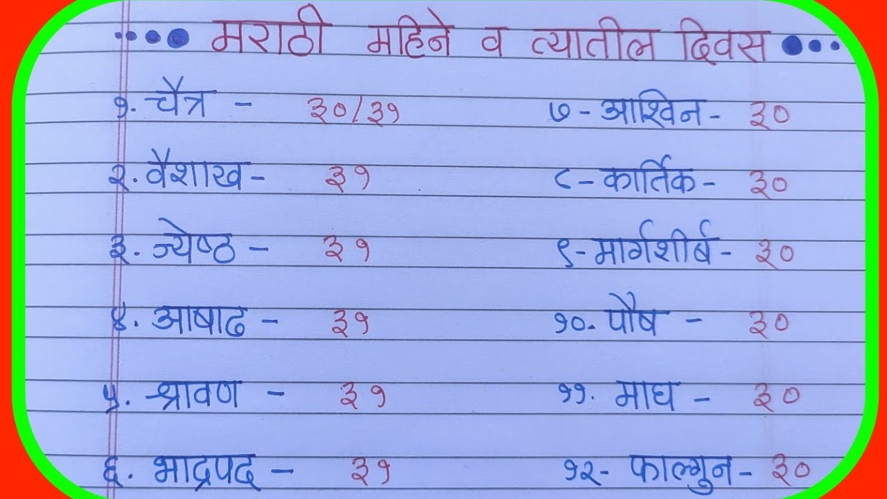 मराठी महिने व दिवस|Marathi mahine ani Divas|मराठी महिने व त्यांचे दिवस ...