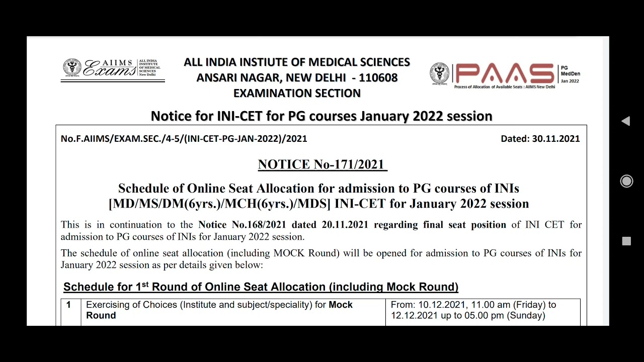 INI CET JANUARY 2022 SESSION SCHEDULE OF ONLINE SEAT ALLOCATION FOR ...