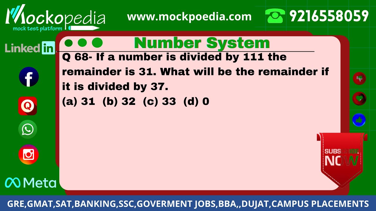 Q68 If A Number Is Divided By 111 The Remainder Is 31 What Will Be The q68-if-a-number-is-divided-by-111-the-remainder-is-31-what-will-be-the