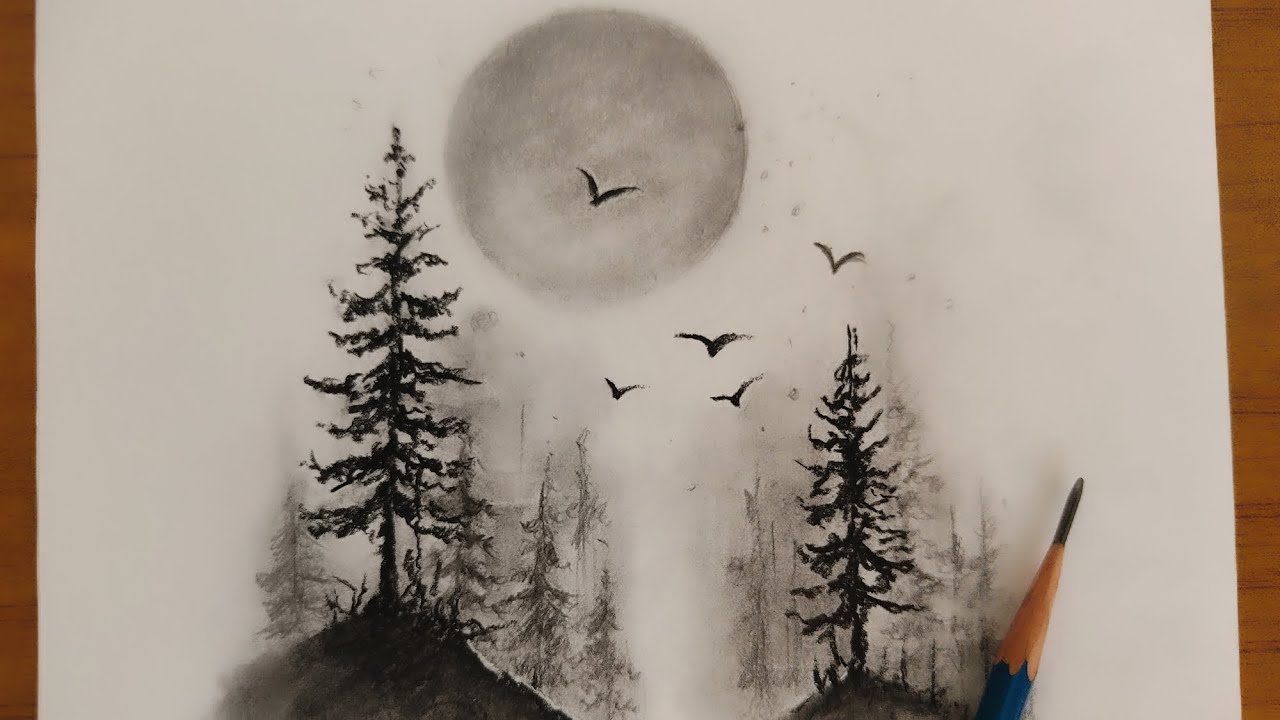 How to draw an easy charcoal scenery | Charcoal pencil drawing ...