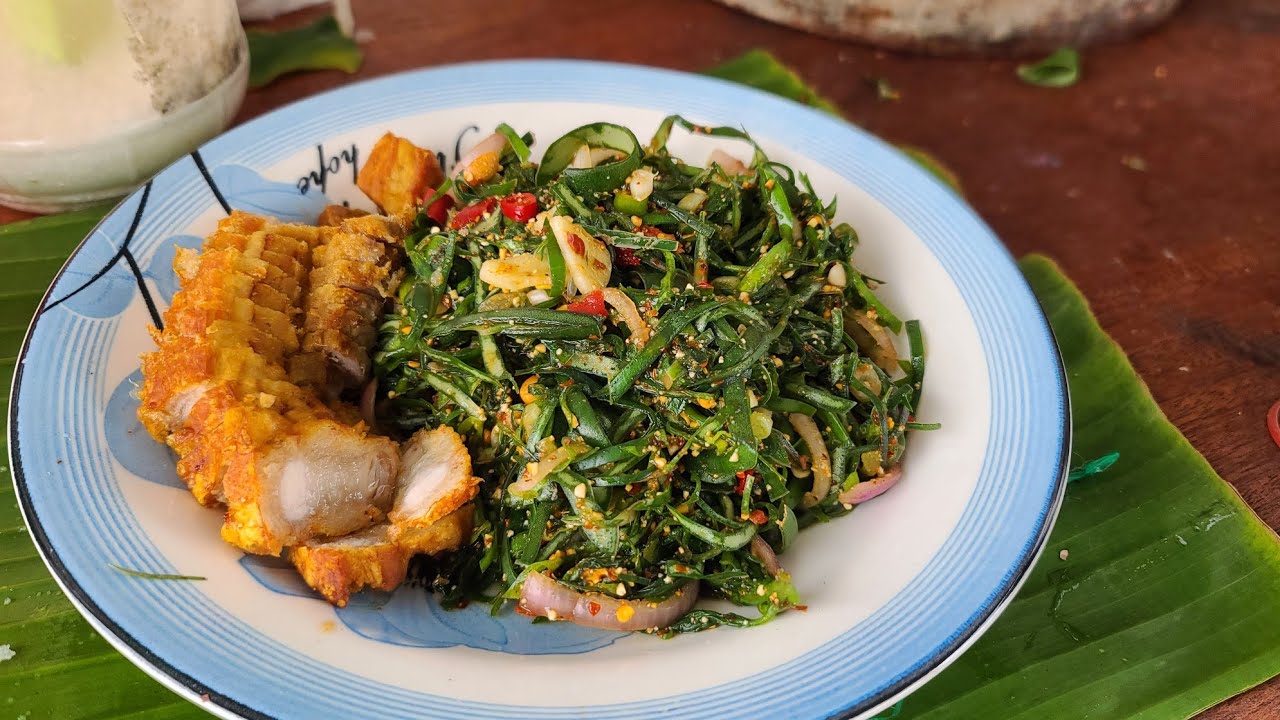 Travel chef spicy crispy pork and vegetables cooking countryside food ...