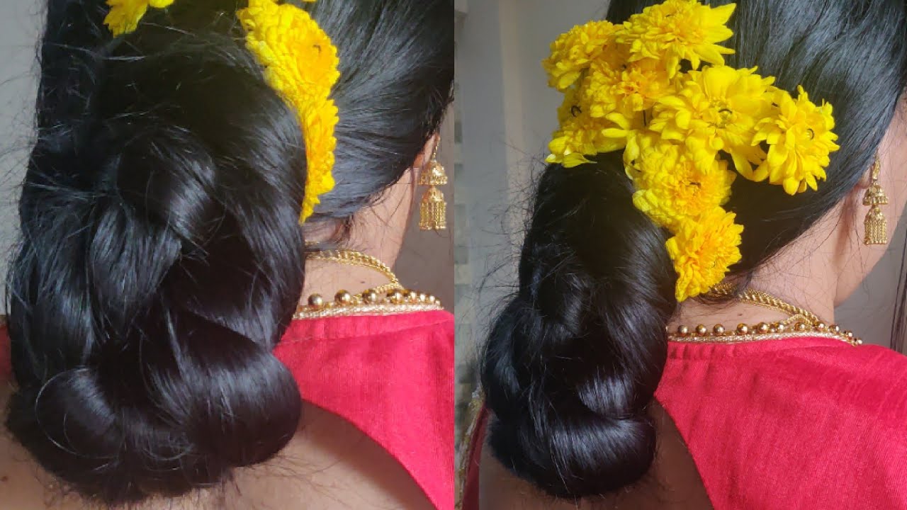 How to / decorate juda hairstyles,with fresh yellow shevanti flower's ...
