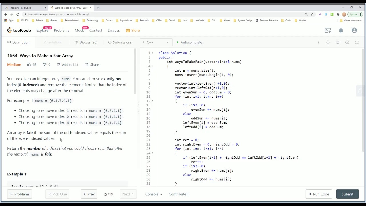 【每日一题】1664. Ways to Make a Fair Array, 11/22/2020 - YouTube