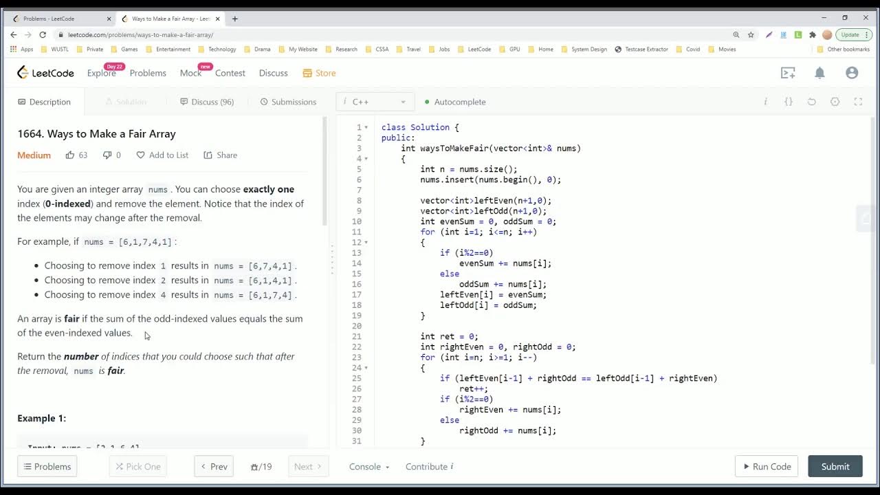 【每日一题】1664. Ways to Make a Fair Array, 11/22/2020 - YouTube