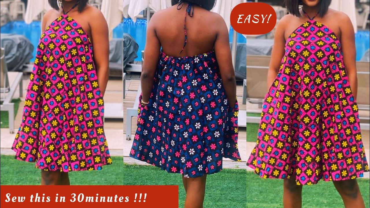 DIY: How to cut and sew a halter neck flare dress with spaghetti straps ...