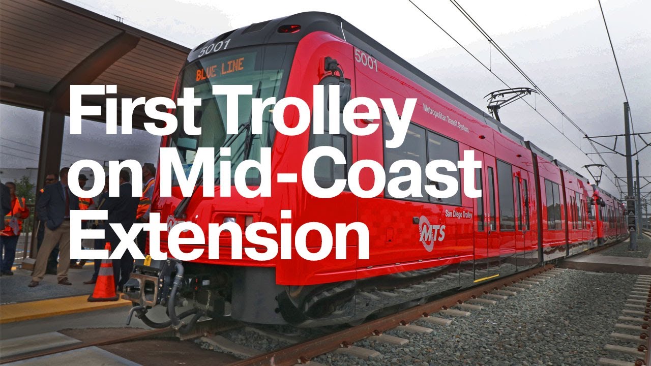 First MTS Trolley on the Mid-Coast Extension - YouTube
