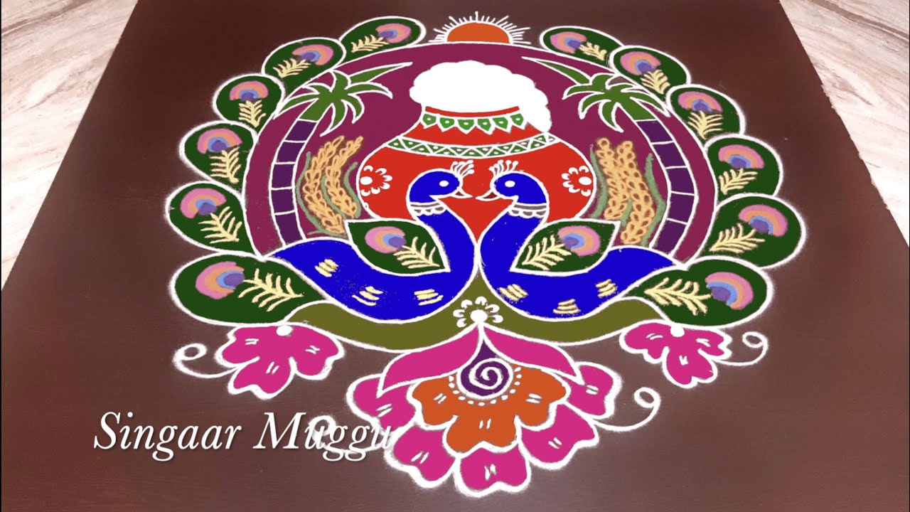 Sankranthi kundala muggulu 5x3 dots | Pongal pot kolam | Peacock ...