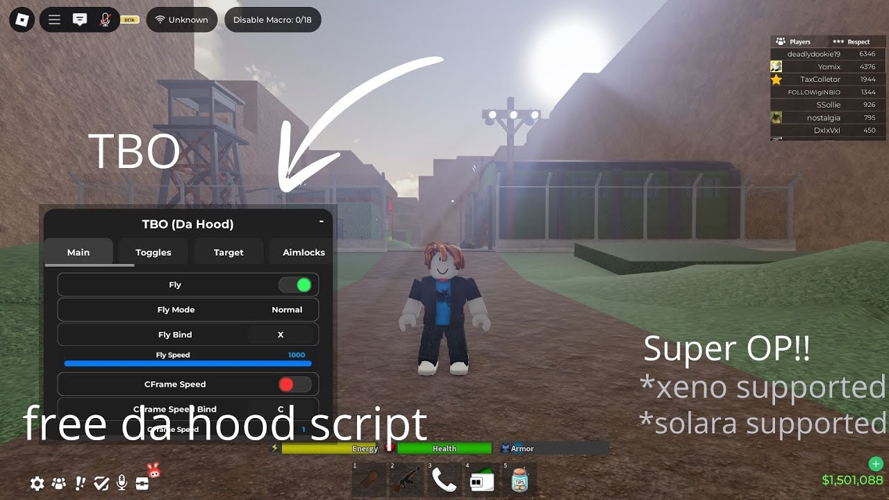 Free da hood script TBO, super OP, silent aim, target, auto armor and ...