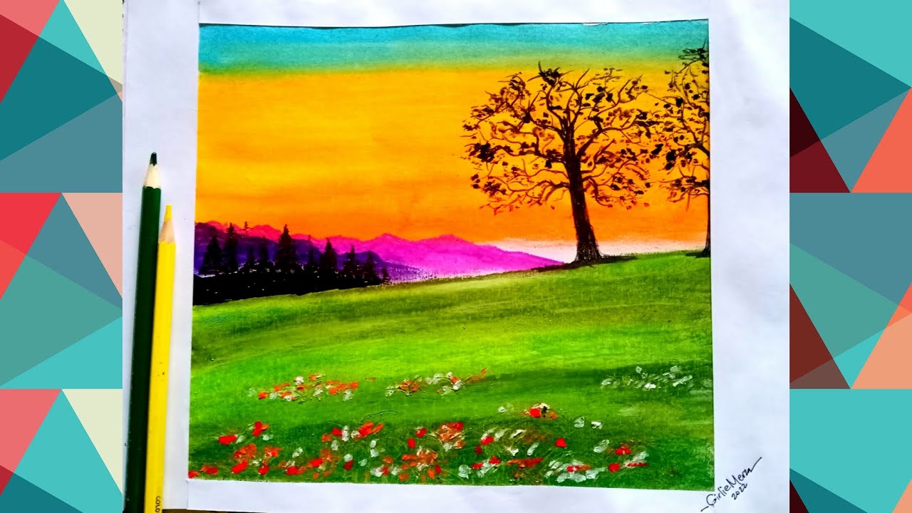 A beautiful sunset landscape || Drawing with oil pastel || GMO - YouTube