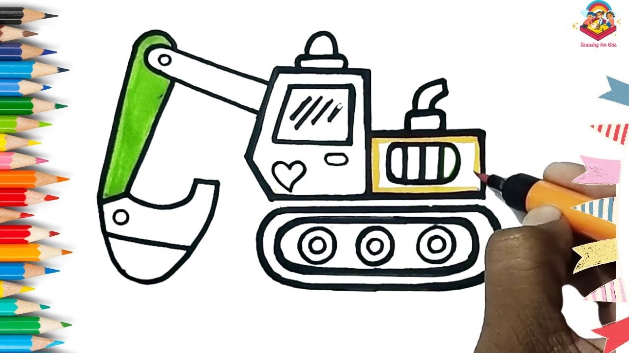 Excavator Drawing for Kids Easy Step by Step, Draw JCB Colouring - YouTube
