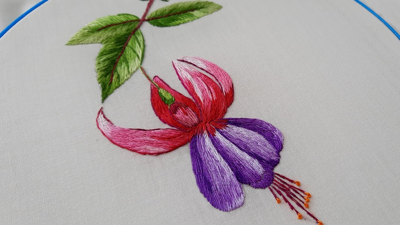 How to embroider a fuchsia flower | Long and short stitches - YouTube