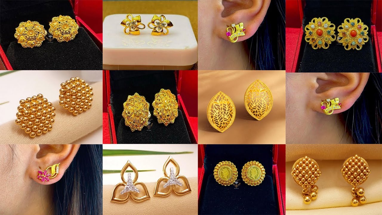 Latest Gold Studs Designs For Girls l Light Weight Gold Tops Designs ...