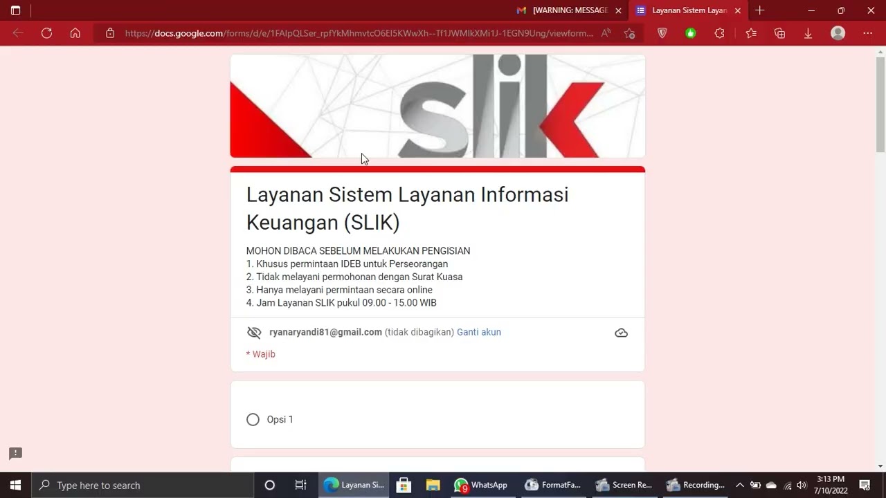 Cara cek BI Checking atau SLIK OJK menggunakan whatsapp - YouTube