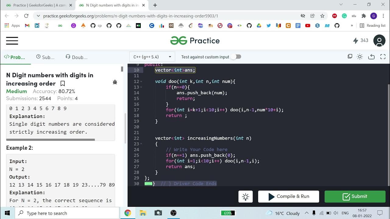 GFG daily problem 8 Jan 2021 | N Digit numbers with digits in ...