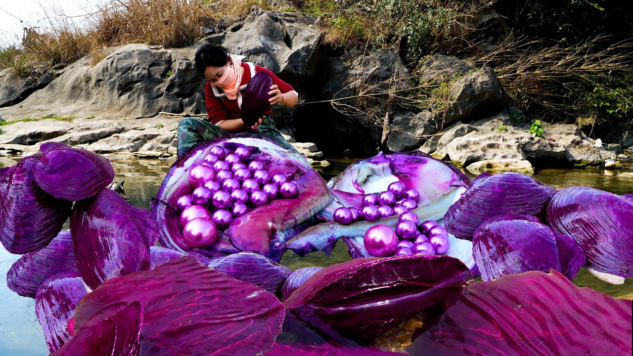 🎁😱Pry open the giant purple clam, inside there are countless purple ...