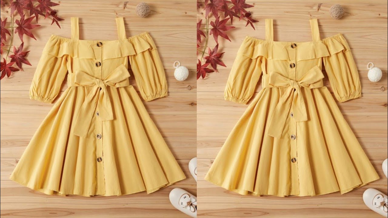 Button Placket/Cold Shoulder Ruffle Flounce Sleeve Baby Frock Cutting ...