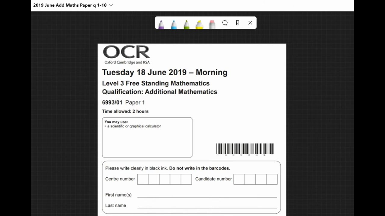 2019 OCR Additional Maths Paper Q1 To 10 YouTube 2019 OCR Additional Maths Paper Q1 To 10 YouTube