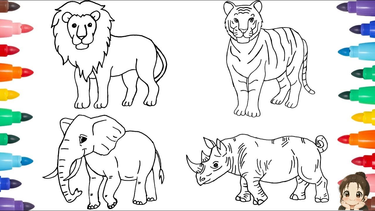 How to Draw Wild Animals 🐅🦁 Lion, Tiger, Elephant & Rhino | Drawing and ...