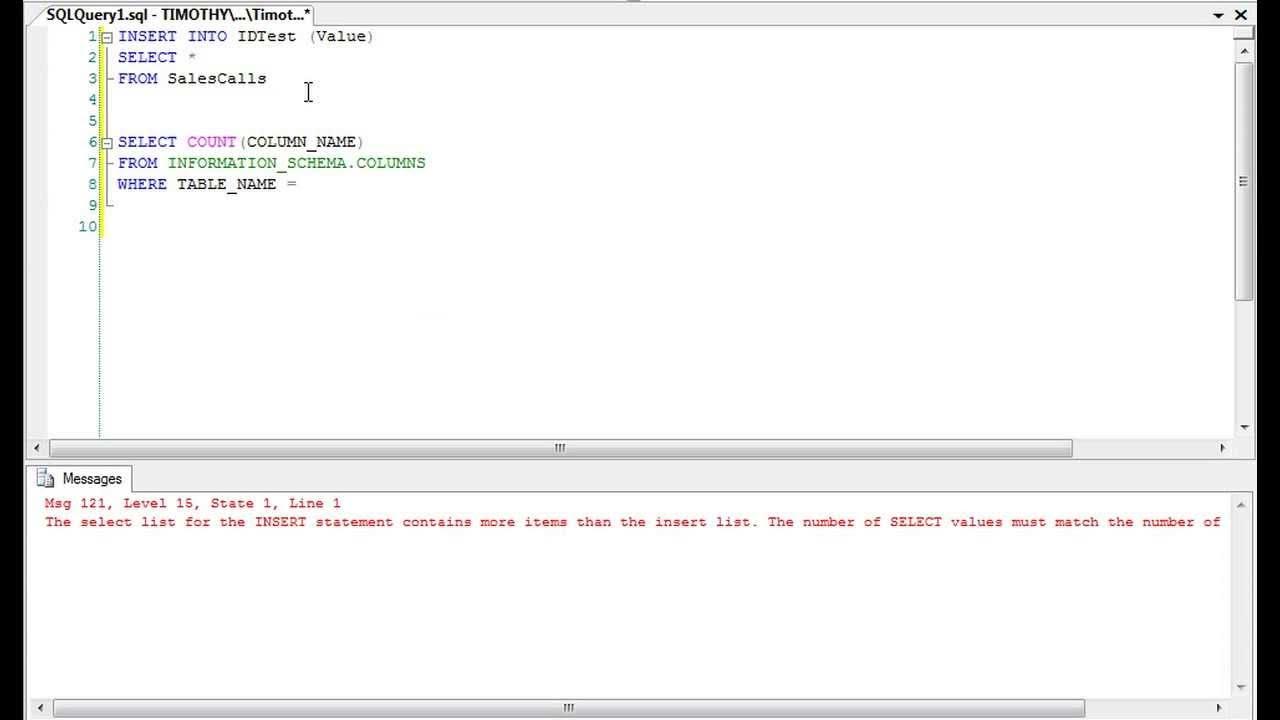 TSQL: The select list for the INSERT statement contains more items than the insert list - YouTube