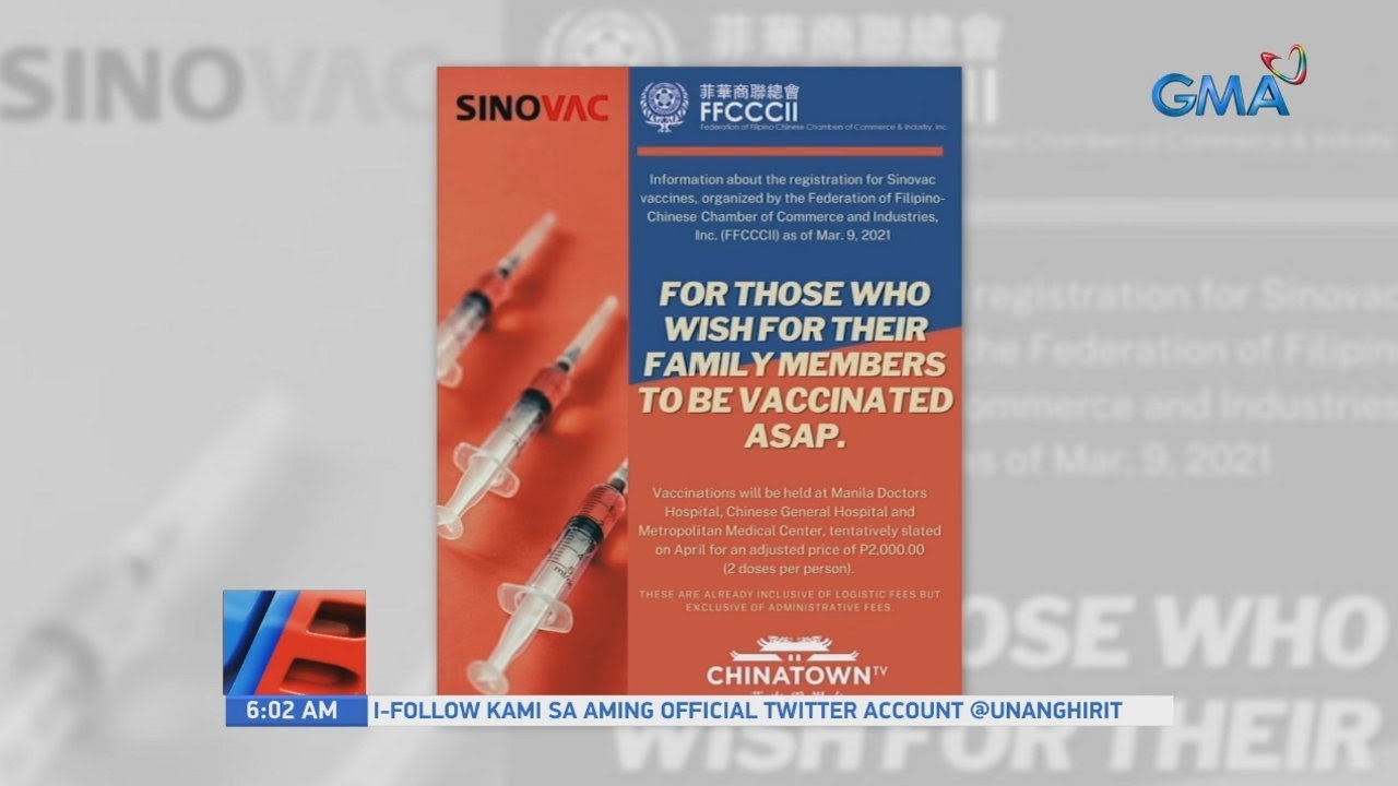 FFCCCI head says poster offering Sinovac jabs for P2,000 not authorized ...