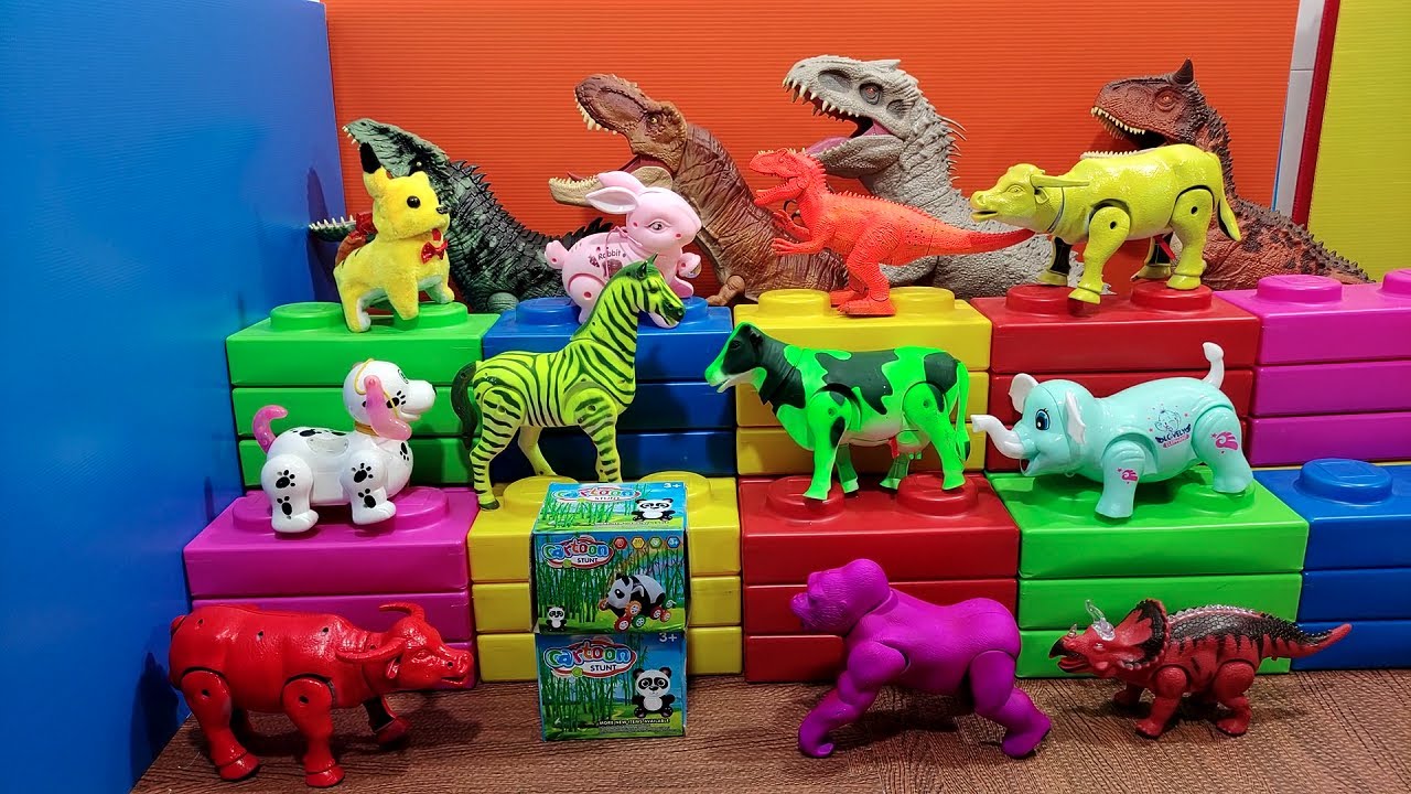 Review toys cartoon stunt Panda with animals friend buffalo cow zebra ...