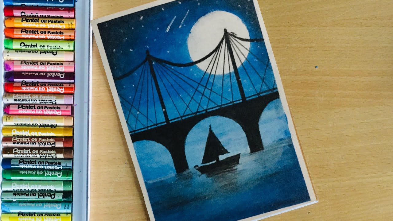 Night Bridge Scenery Drawing with Oil Pastels For Beginners - Step by ...